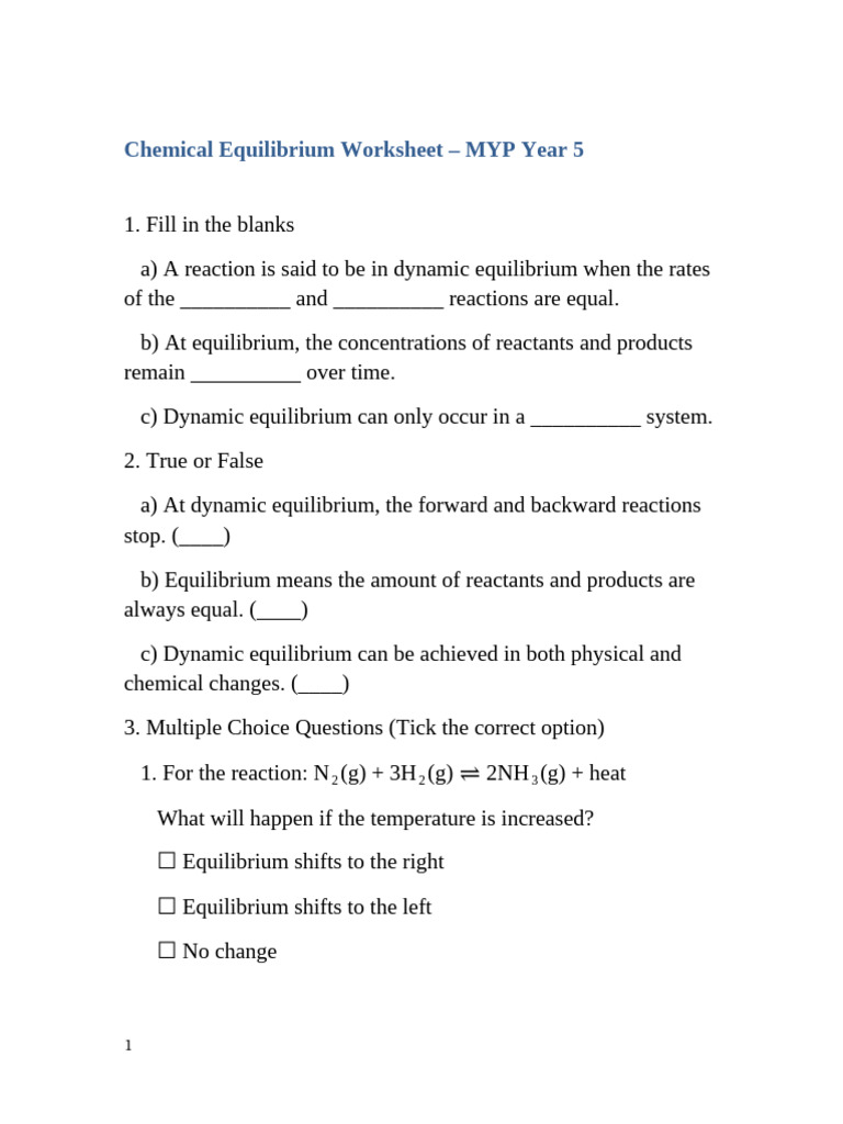 Chemical Equilibrium Worksheet MYP Year5 | PDF