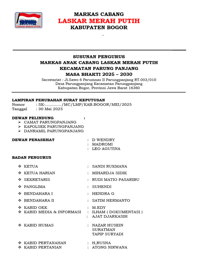 Susunan Pengurus Laskar Merah Putih Bogor | PDF