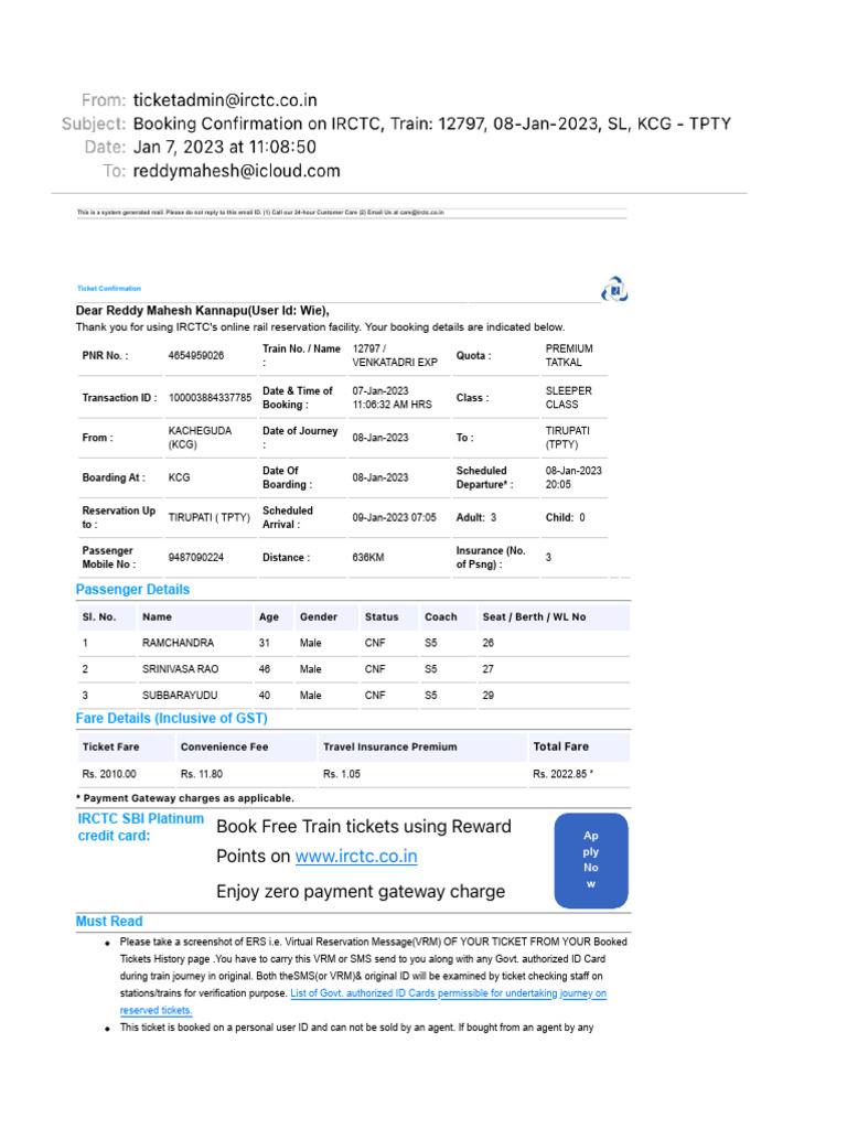Booking Confirmation On IRCTC, Train 12797, 08-Jan-2023, SL, KCG - TPTY ...