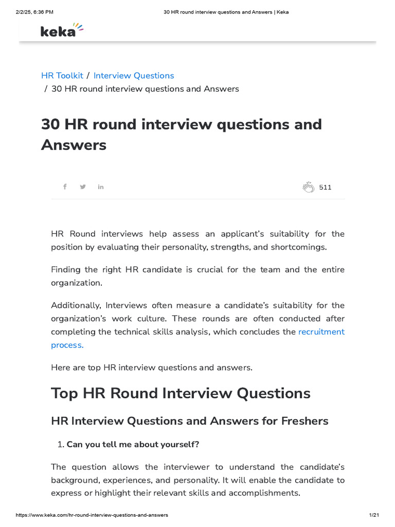 30 HR round interview questions and Answers _ Keka | PDF | Employee ...