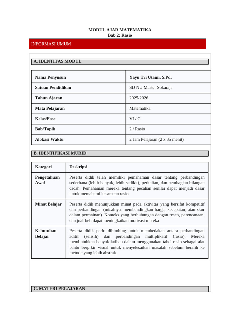 Modul Ajar Matematika - Rasio Supervisi | PDF