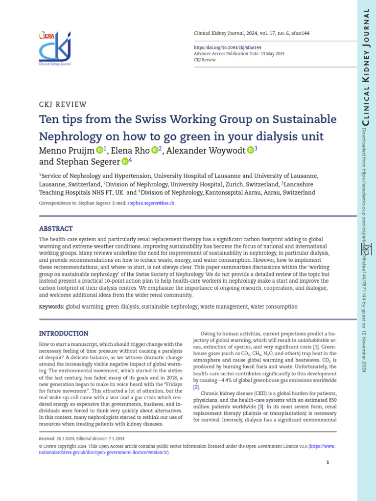 Ten Tips From The Swiss Working Group On Sustainable Nephrology On How ...