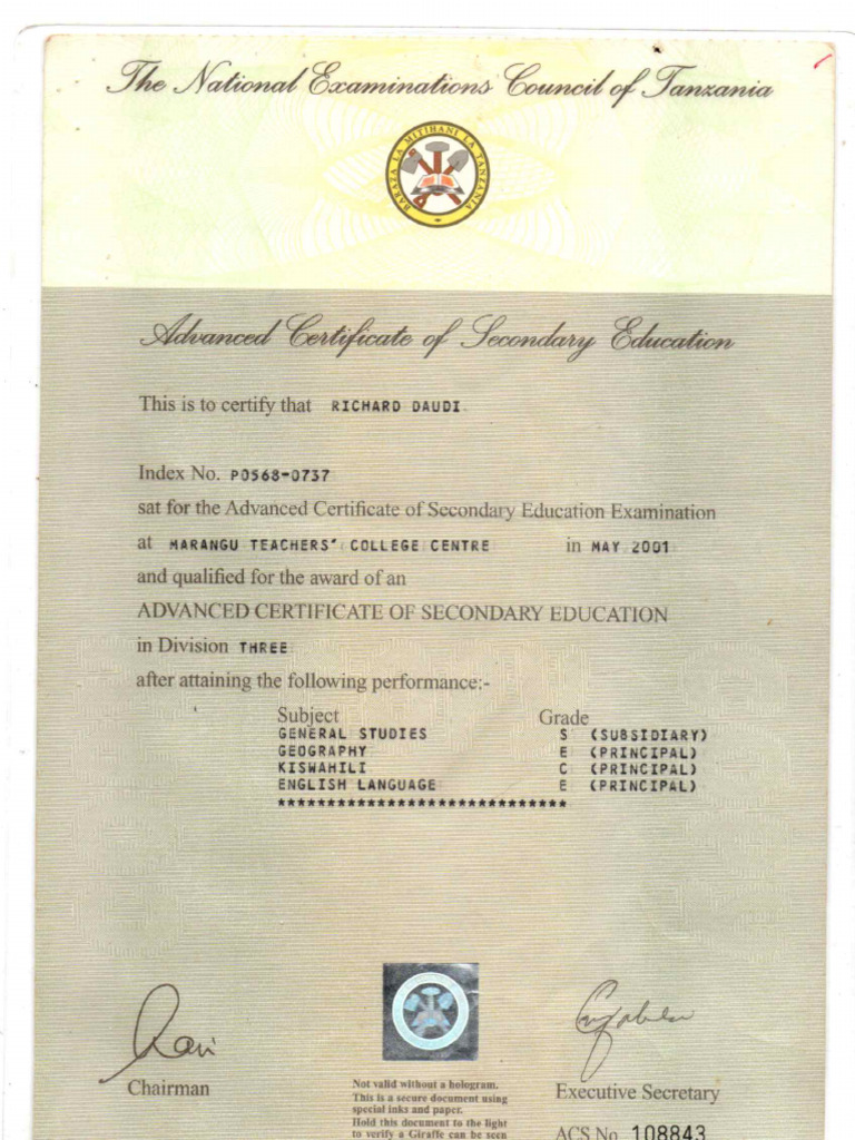 Form Vi Certificate From Tanzania School Pdf