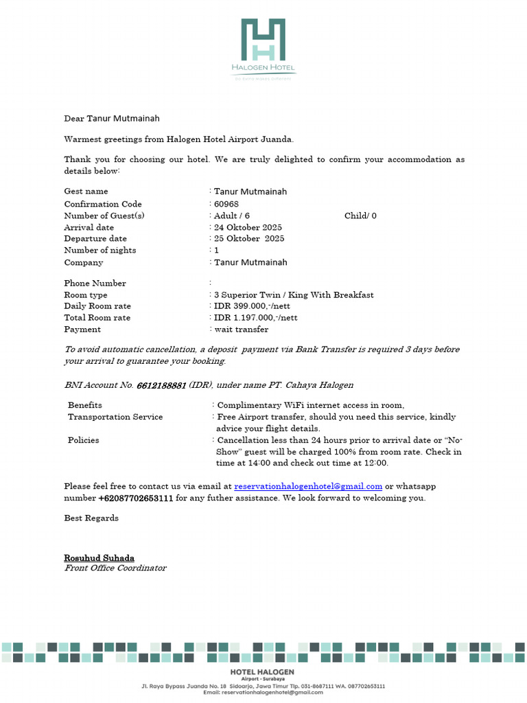 Halogen Hotel Booking Confirmation | PDF