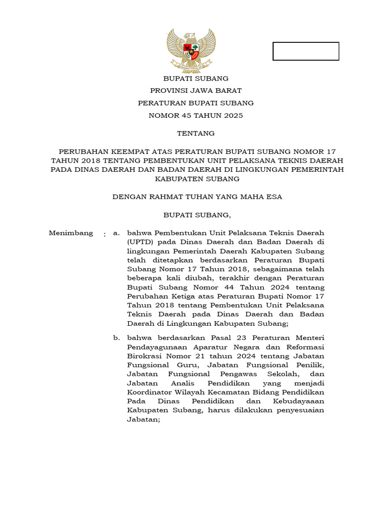 Perubahan Keempat Perbup Subang 2025 | PDF