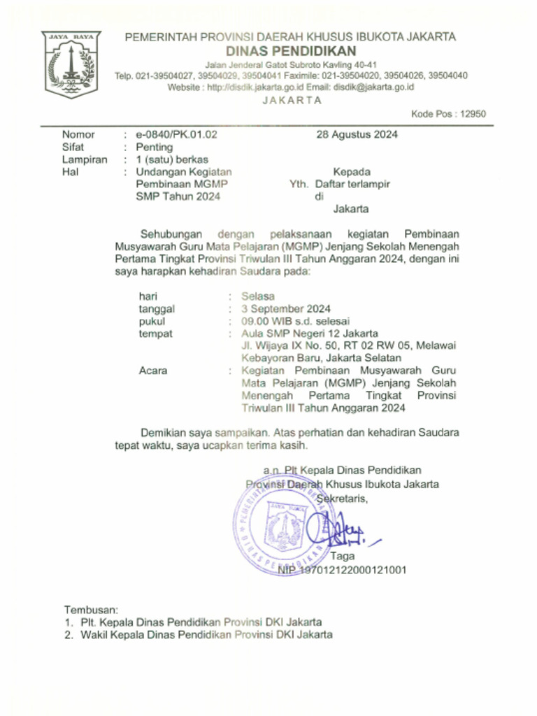 Undangan Pembinaan MGMP SMP TW III Tahun 2024_Stempel | PDF