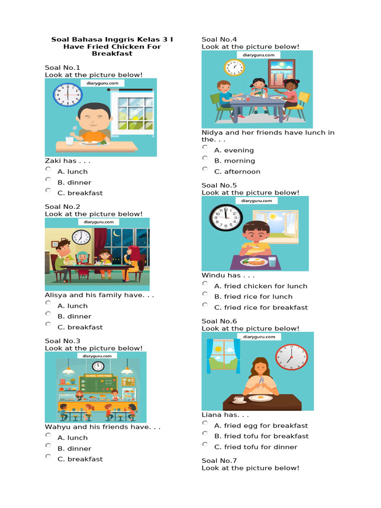 Soal Bahasa Inggris Kelas 3 I Have Fried Chicken For Breakfast | PDF