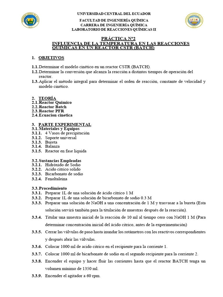 P2 - Reacciones No Isotérmicas en Un Reactor CSTR (BATCH) | PDF | Reactor Quimico | Hidróxido de ...