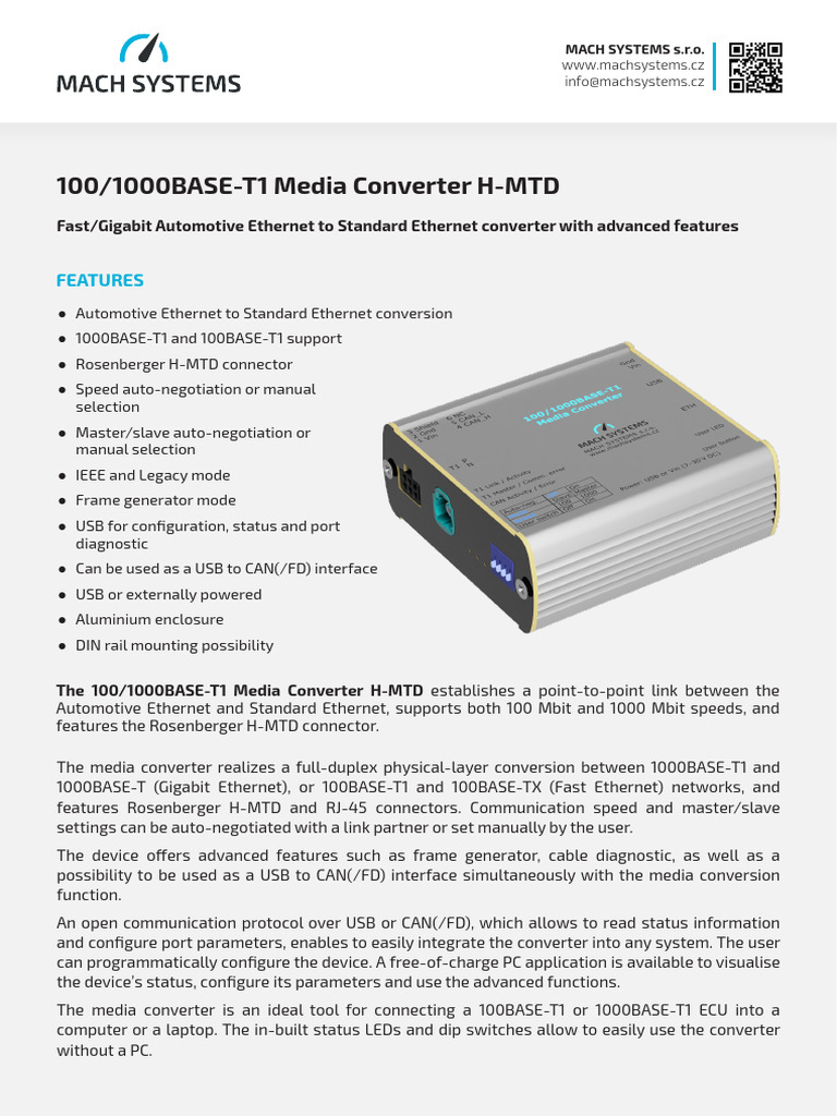 100 - 1000BASE-T1 Media Converter H-MTD - Data Sheet | PDF | Usb | Ethernet