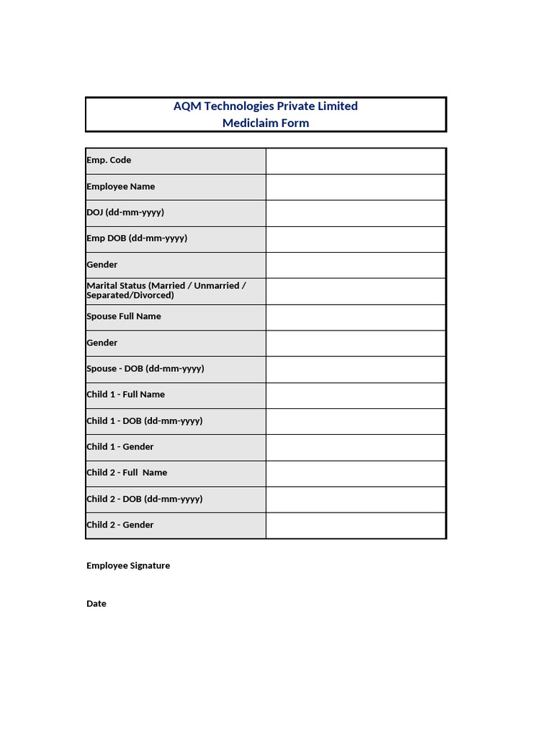 AQM Technologies Mediclaim Form | PDF
