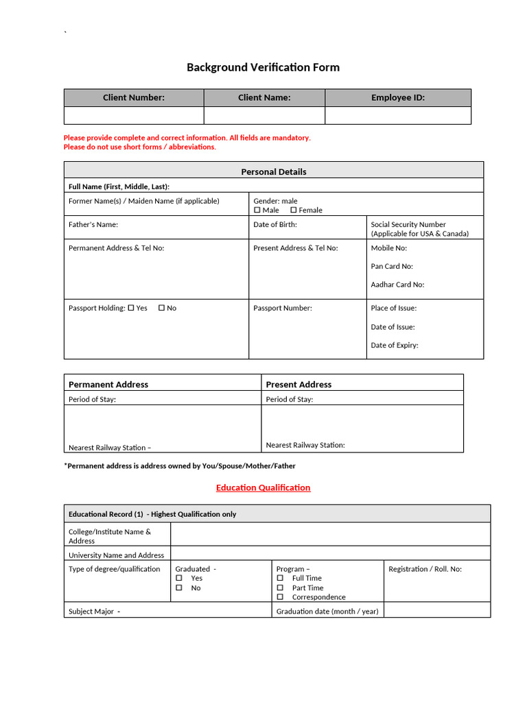 BGV Form | PDF | Background Check | Salary