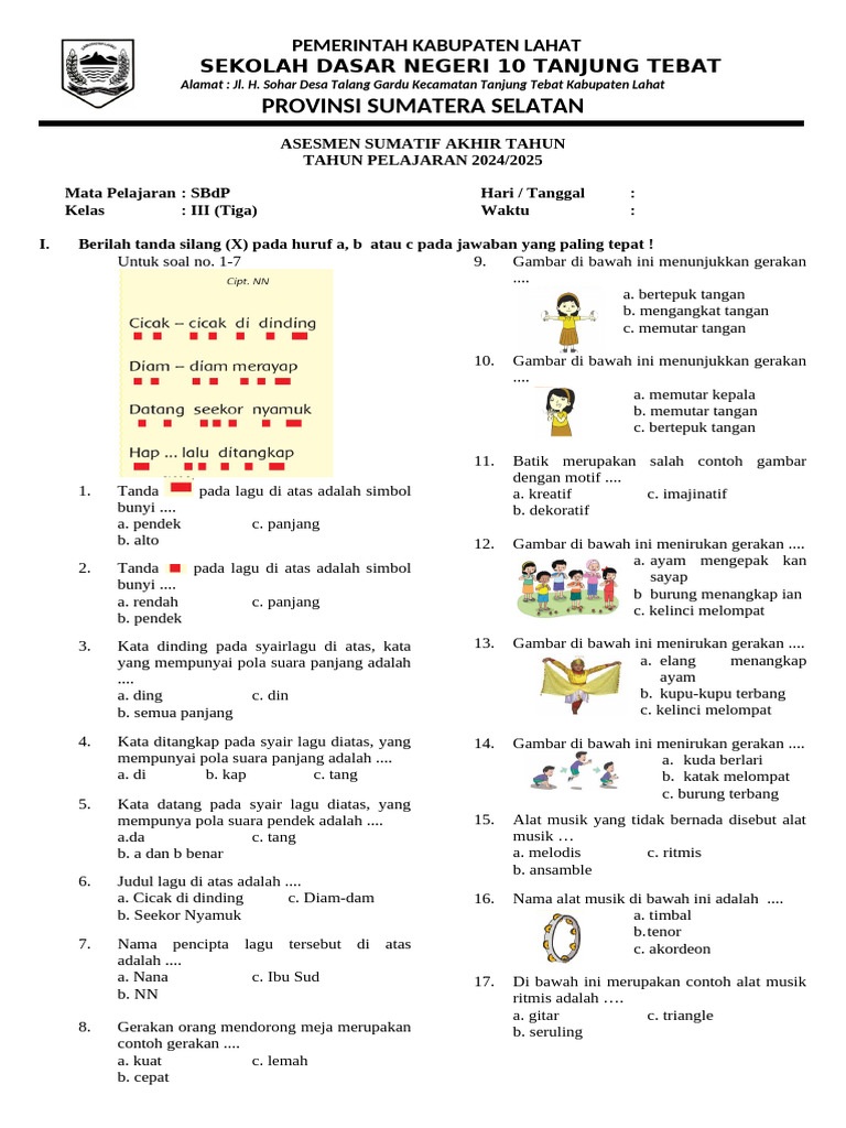 SOAL SBdP KLS 3 SMTR 1 | PDF