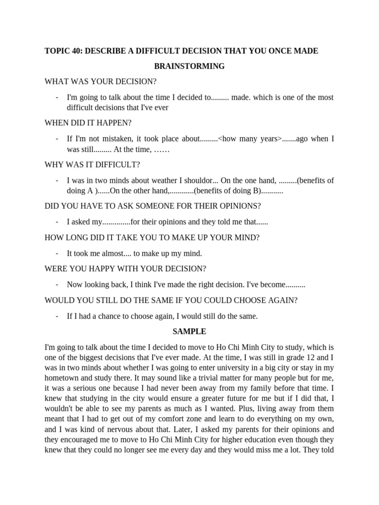 Topic 40 - Experience - Difficult Decision You Made | PDF