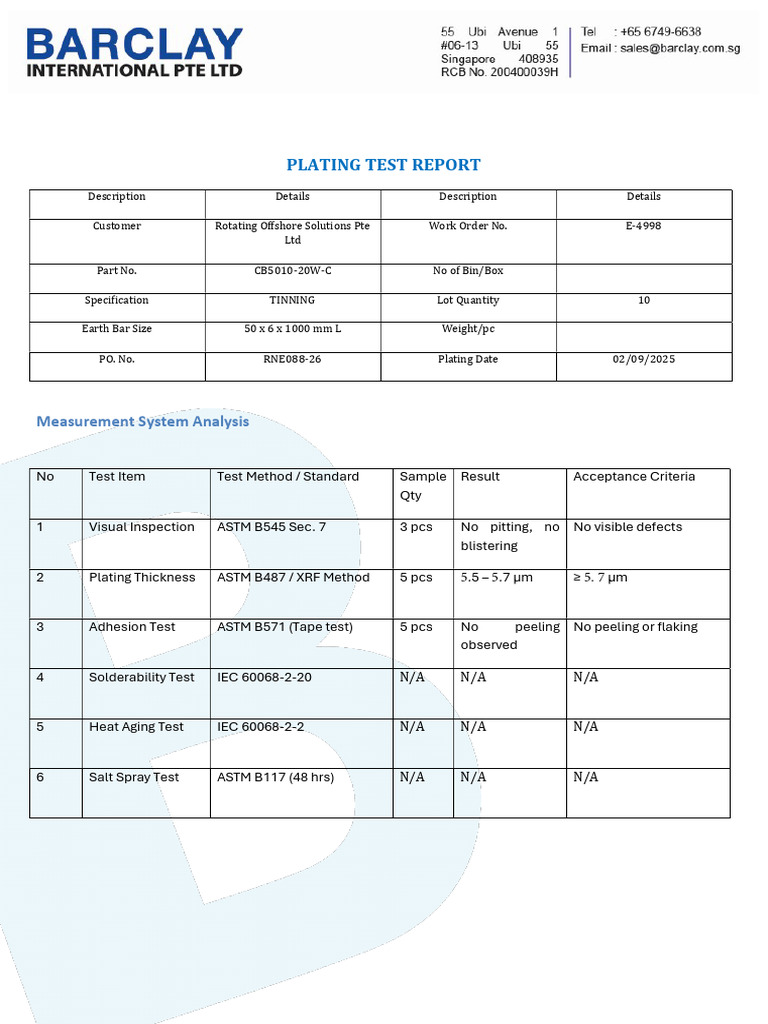 Plating Test Report for Earth Bar CB5010-20W-C | PDF