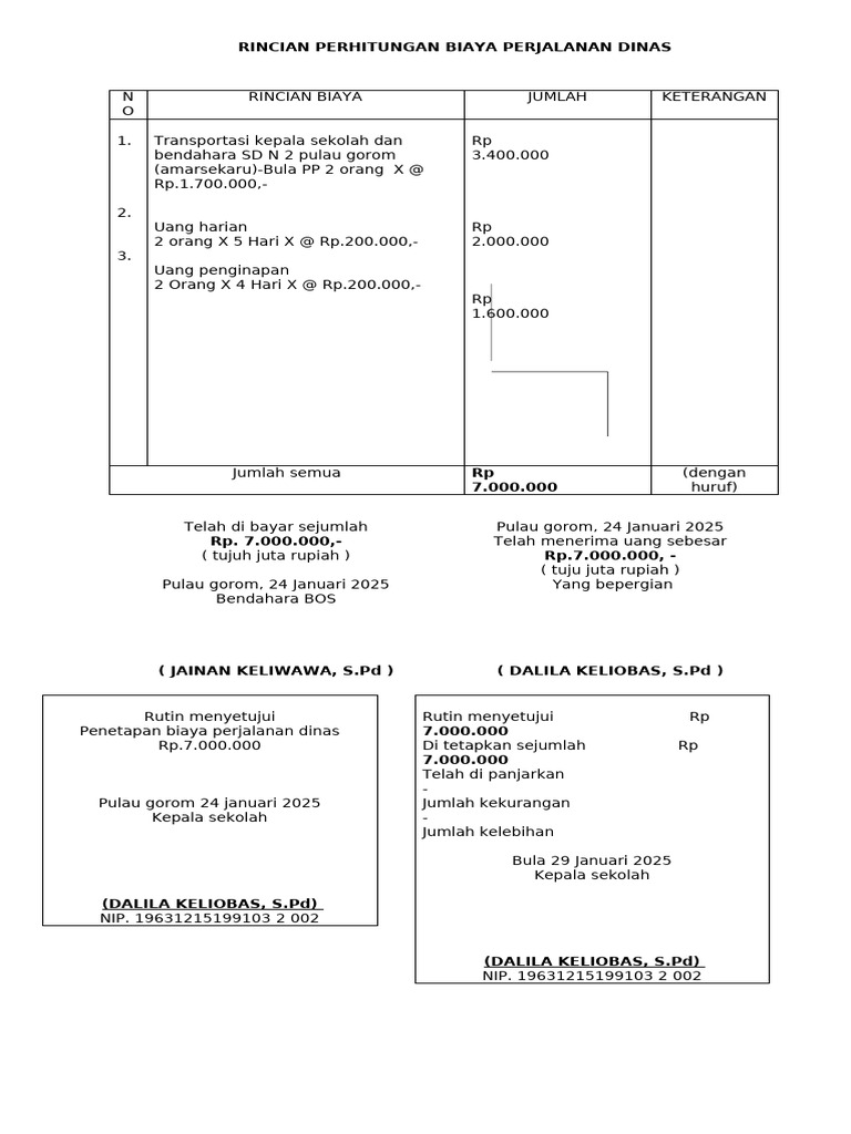 Rincian Perhitungan Biaya Perjalanan Dinas | PDF