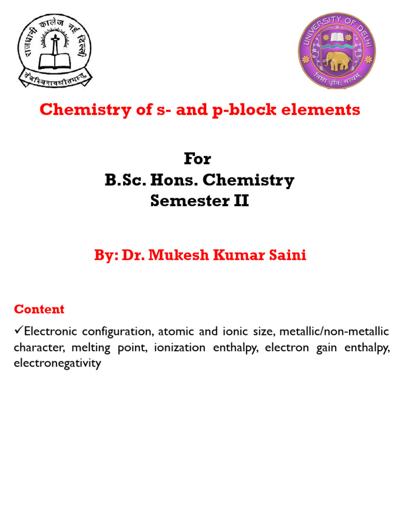Chemistry of s- and p-Block Elements | PDF | Periodic Table | Electron ...