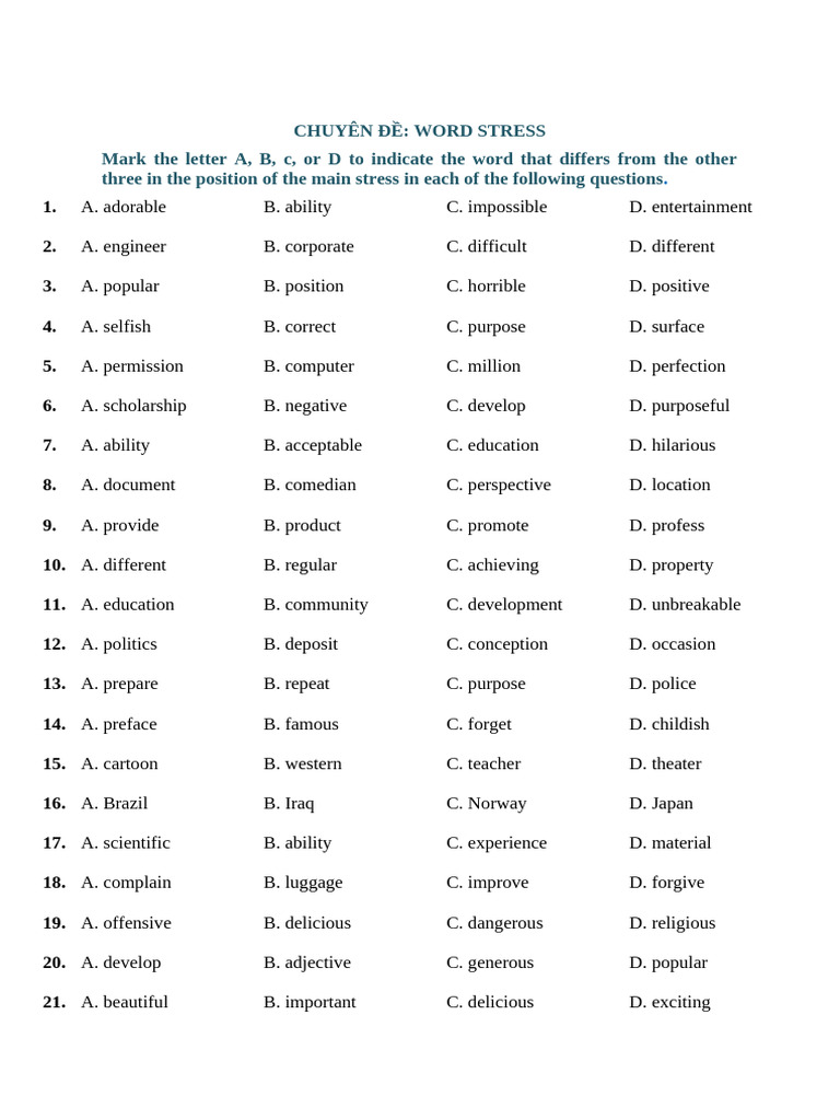 Word Stress Identification Quiz | PDF