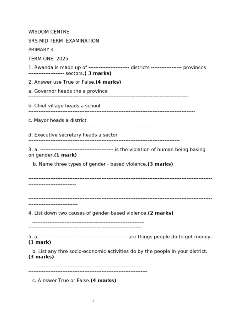 Srs Mid Term p4 Term One 2025 | PDF | Domestic Violence
