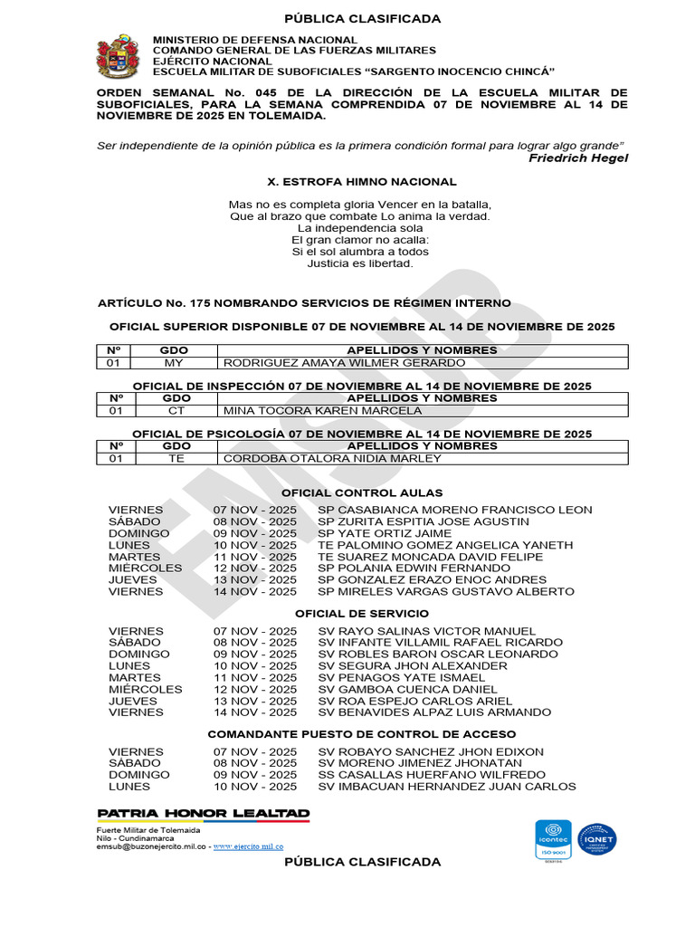 Orden Semanal Escuela Militar Tolemaida | PDF | Sargento | Militar