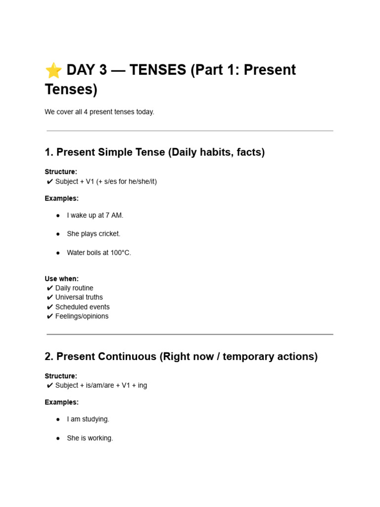 тнр Day 3 таф Tenses Part 1 Present Tenses Pdf