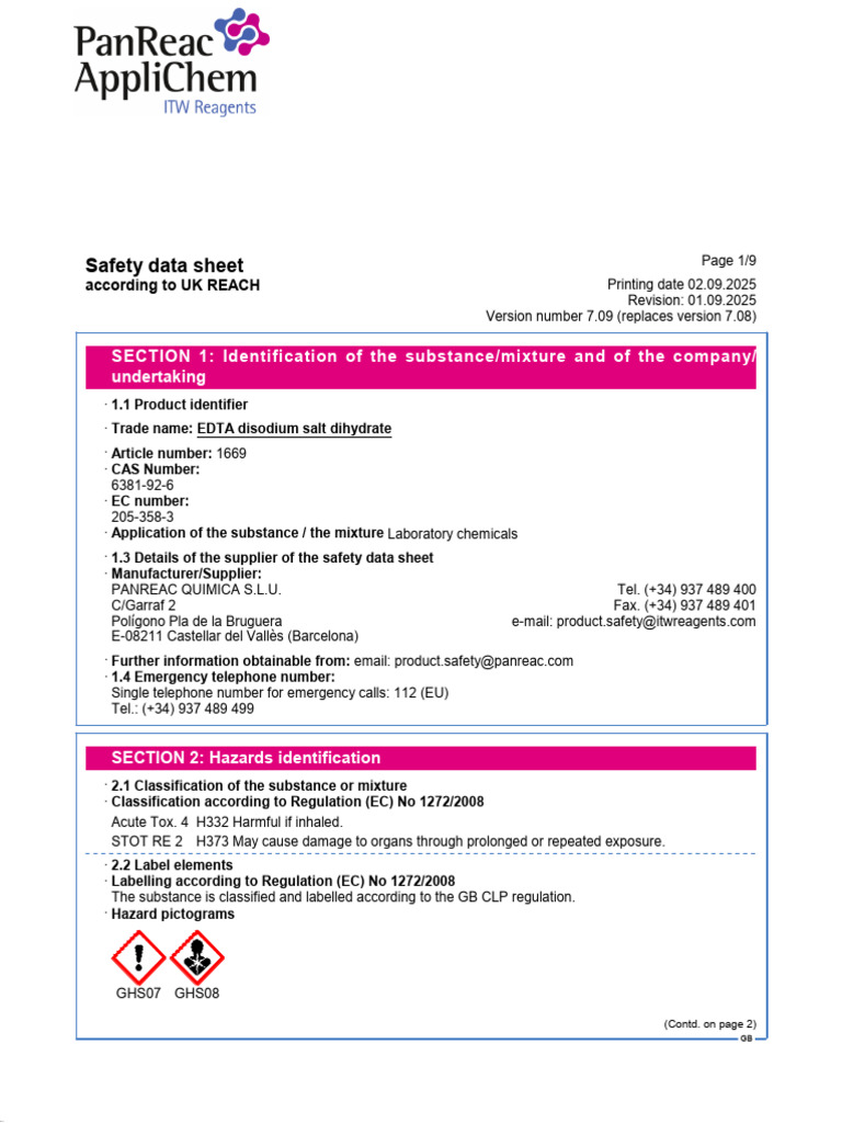 Edta Panreac Msds | PDF | Dangerous Goods | Magnesium