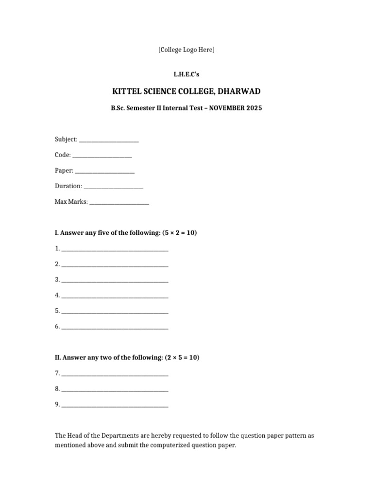 B.Sc. Semester II Test Format 2025 | PDF