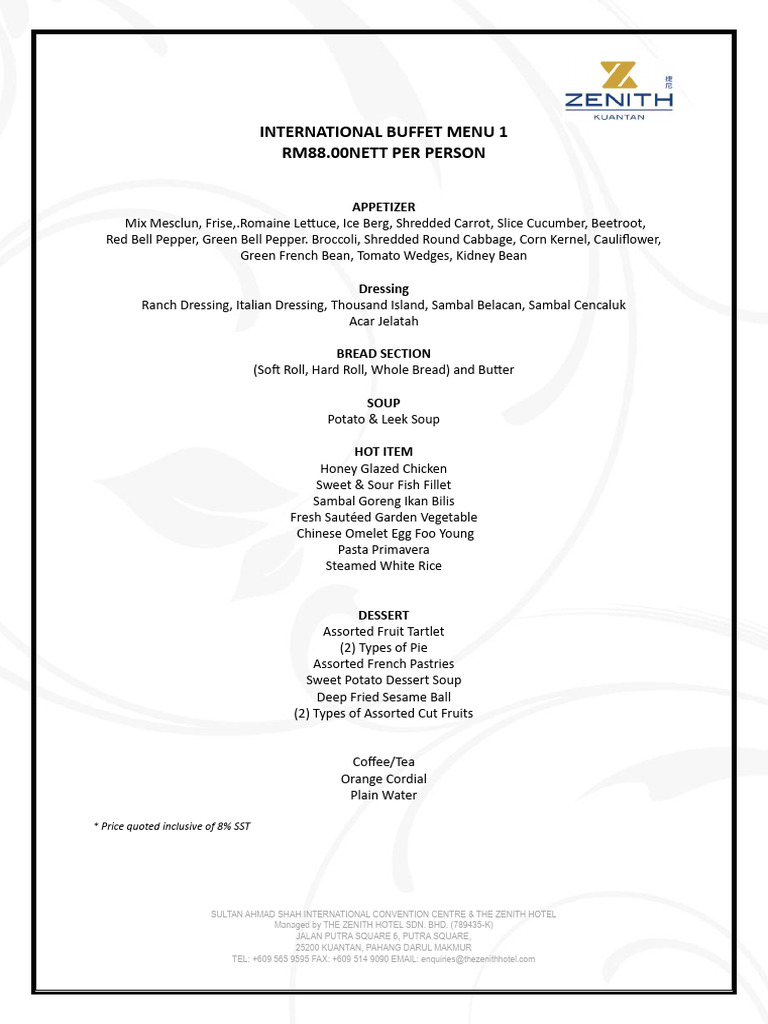 International Buffet Menu at Zenith Hotel | PDF | Desserts | Soup
