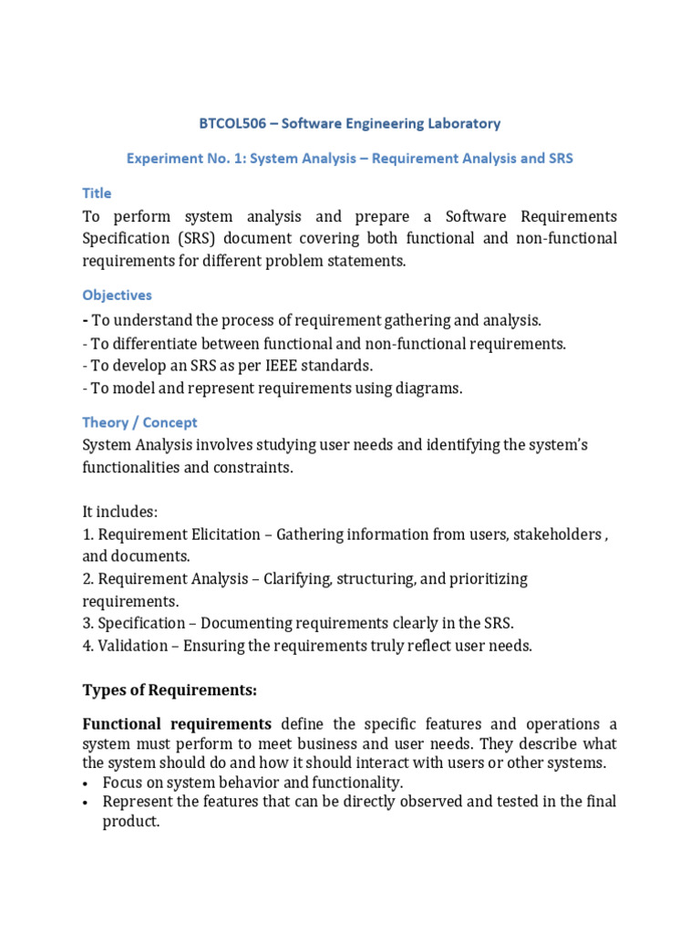 Software Engineering Lab Exp1 SRS | PDF | System | Usability