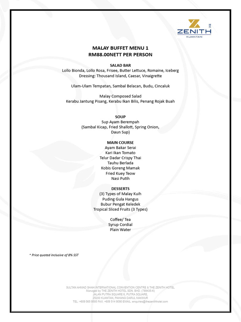 Malay Buffet Menu at Zenith Hotel | PDF | Indonesian Cuisine | Cuisine
