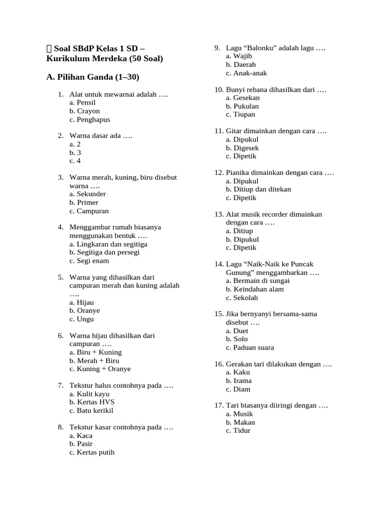 Soal SBDP Kelas 1 SD | PDF