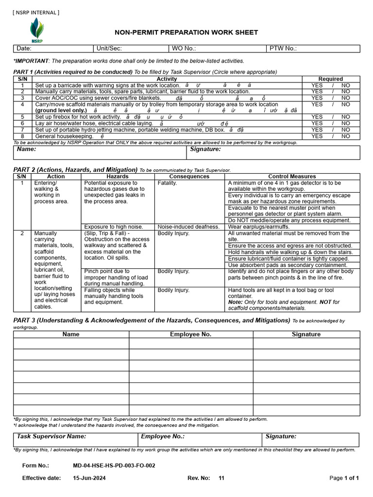 Non-PTW Preparation Work Sheet | PDF | Safety | Occupational Safety And ...