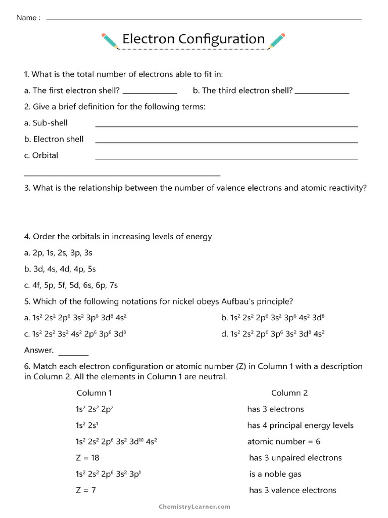 Electron Configuration Chart Worksheet 40 | PDF