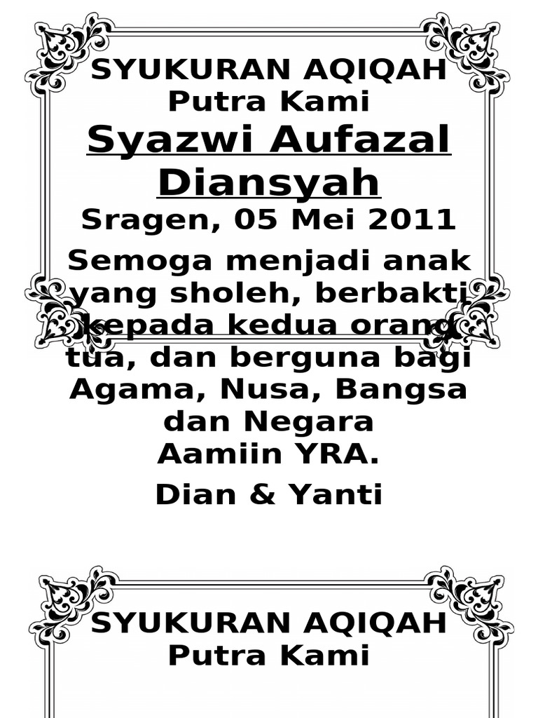 Syukuran Aqiqah Syazwi Aufazal Diansyah | PDF