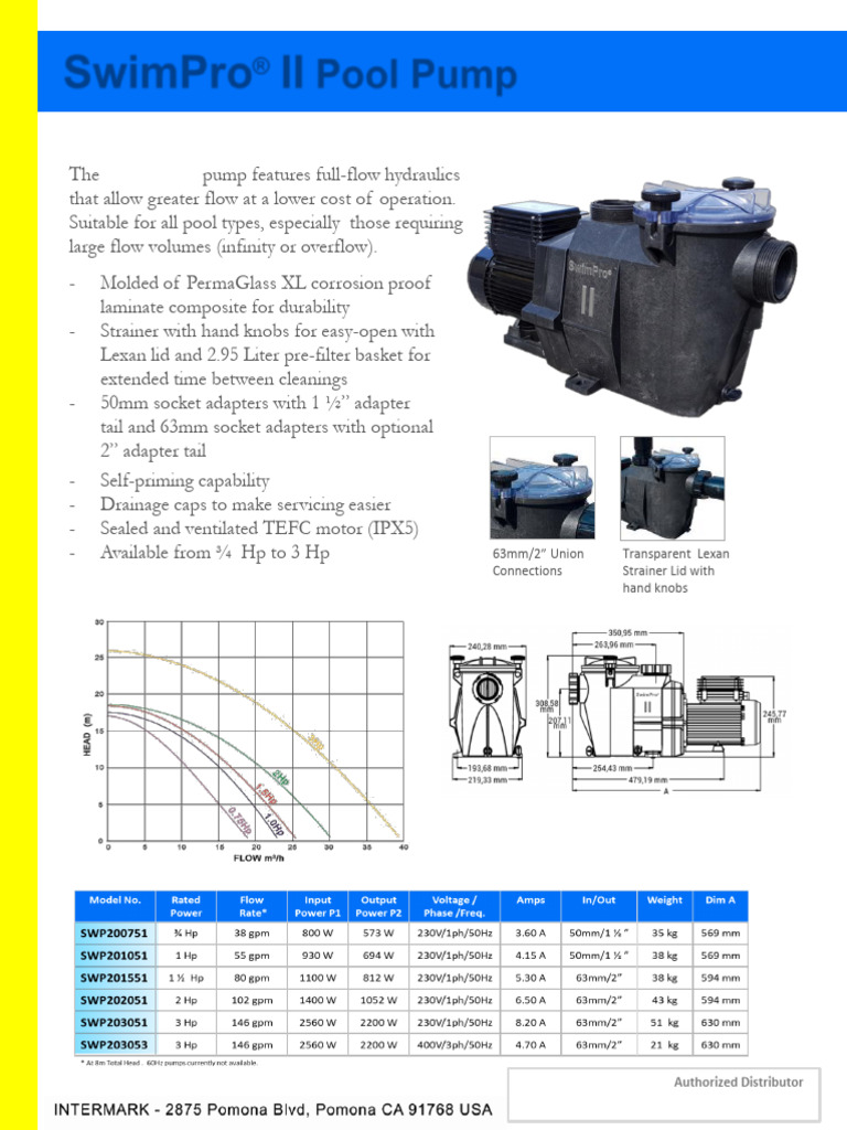 SwimPro® II Pool Pump Features & Specs | PDF