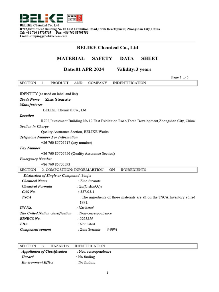 MSDS of Zinc Stearate | PDF | Dust | Water