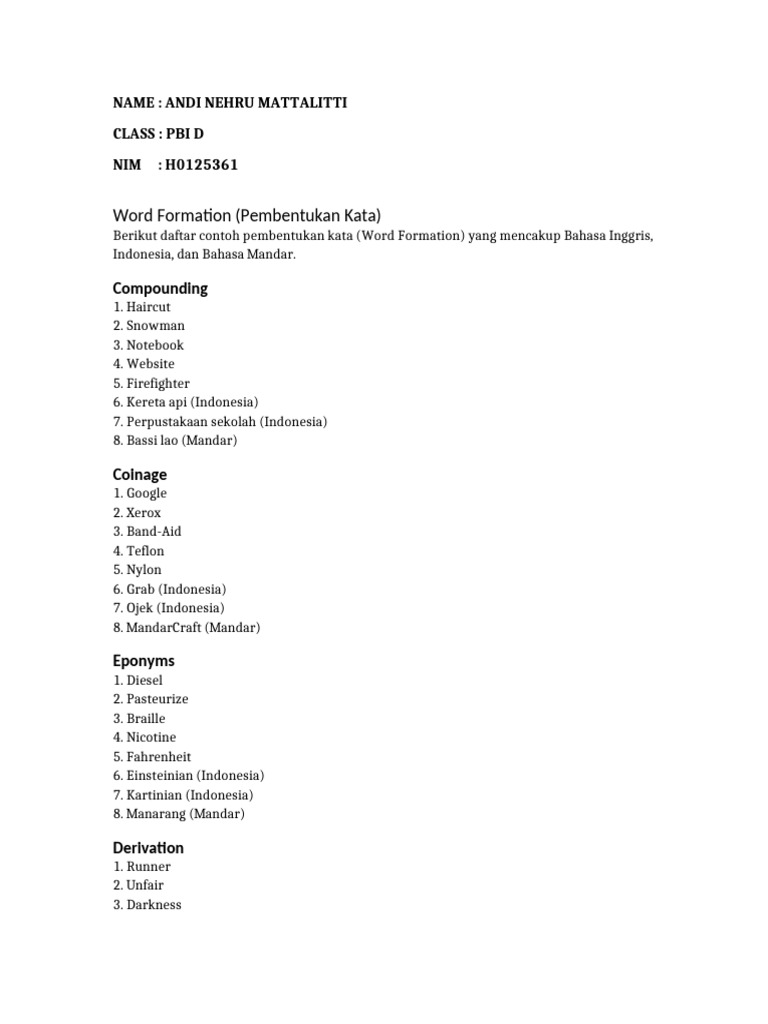Word Formation Andi Nehru Mattalitti PBI.D | PDF