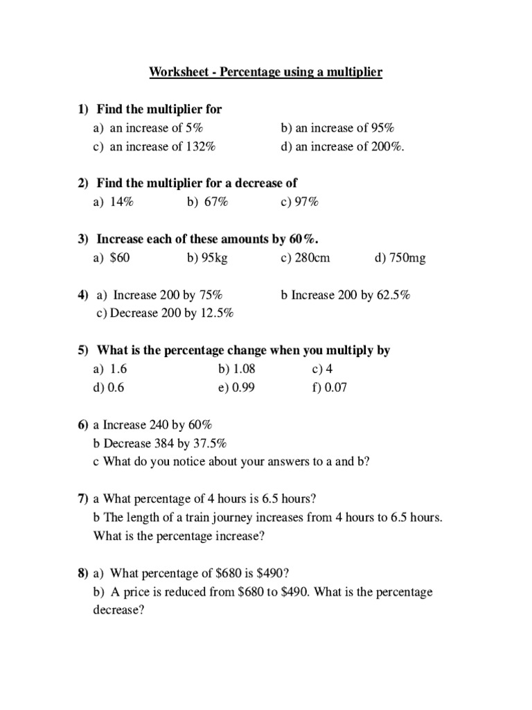 Worksheet - Percentage Using A Multiplier | PDF