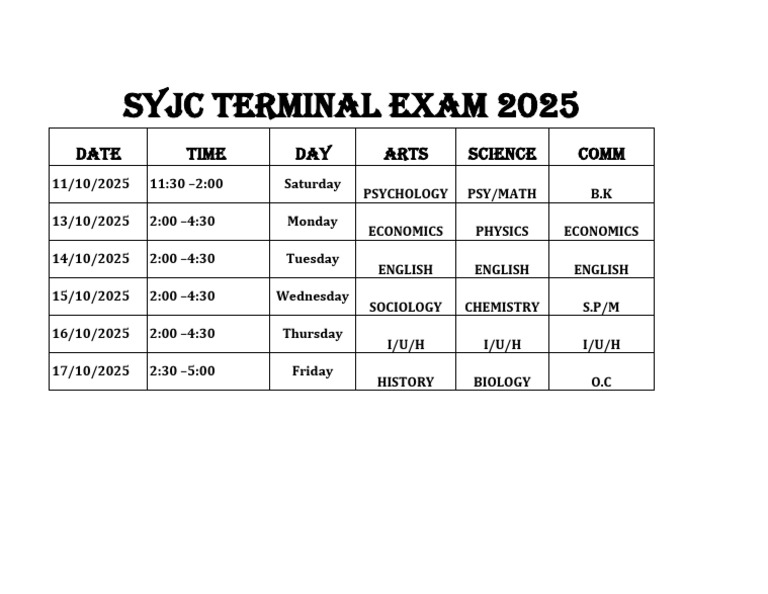 SYJC Terminal Exam Schedule 2025 | PDF