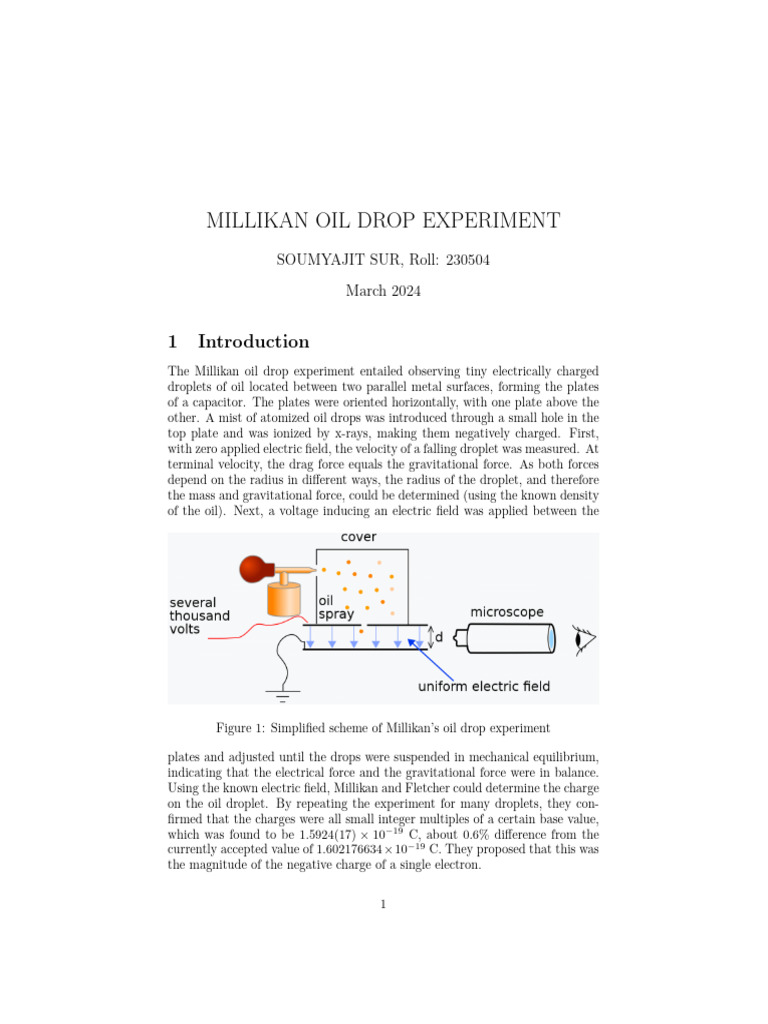 Millikan Oil Drop Experiment | PDF | Electromagnetism | Physical Chemistry