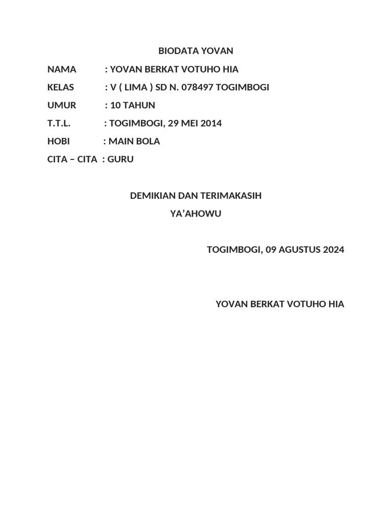 Biodata Yovan Berkat Votuho Hia | PDF