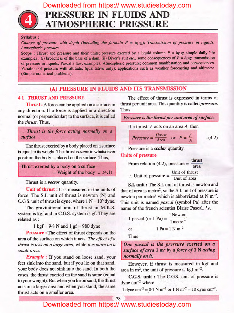 ICSE Class 9 Physics Chapter 04 Pressure in Fluids and Atmospheric Pressure | PDF