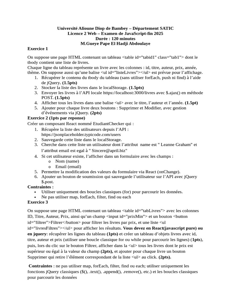 Examen de Javascript Licence 2 Web | PDF | jQuery | Ajax (Programmation)