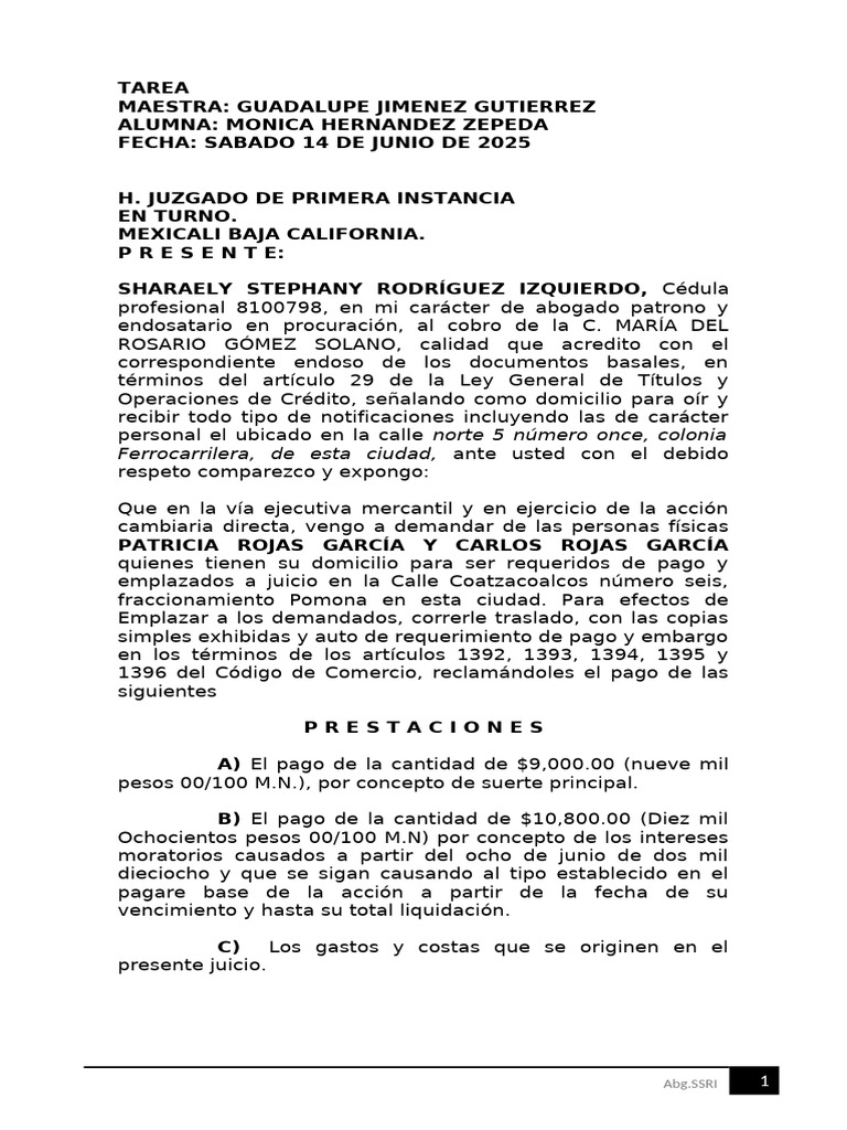 Demanda Ejecutiva Mercantil en Mexicali | PDF