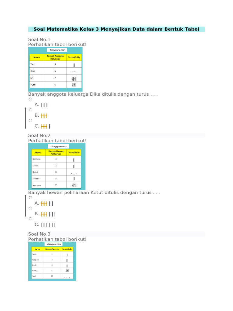 Soal Matematika Kelas 3: Tabel Data | PDF