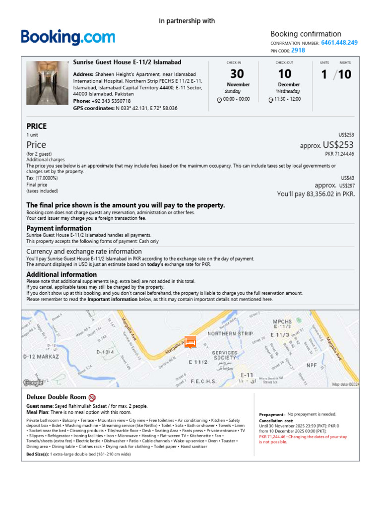 Sunrise Guest House Booking Confirmation | PDF | Payments | Fee