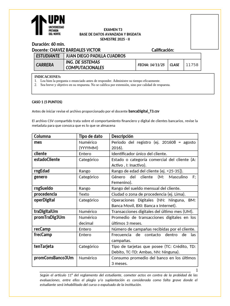 Examen Big Data y Bases de Datos T3 | PDF | Datos de computadora | Recuperación de información