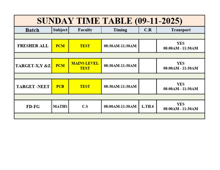 Sunday Time Table 09-11-2025 2 | PDF