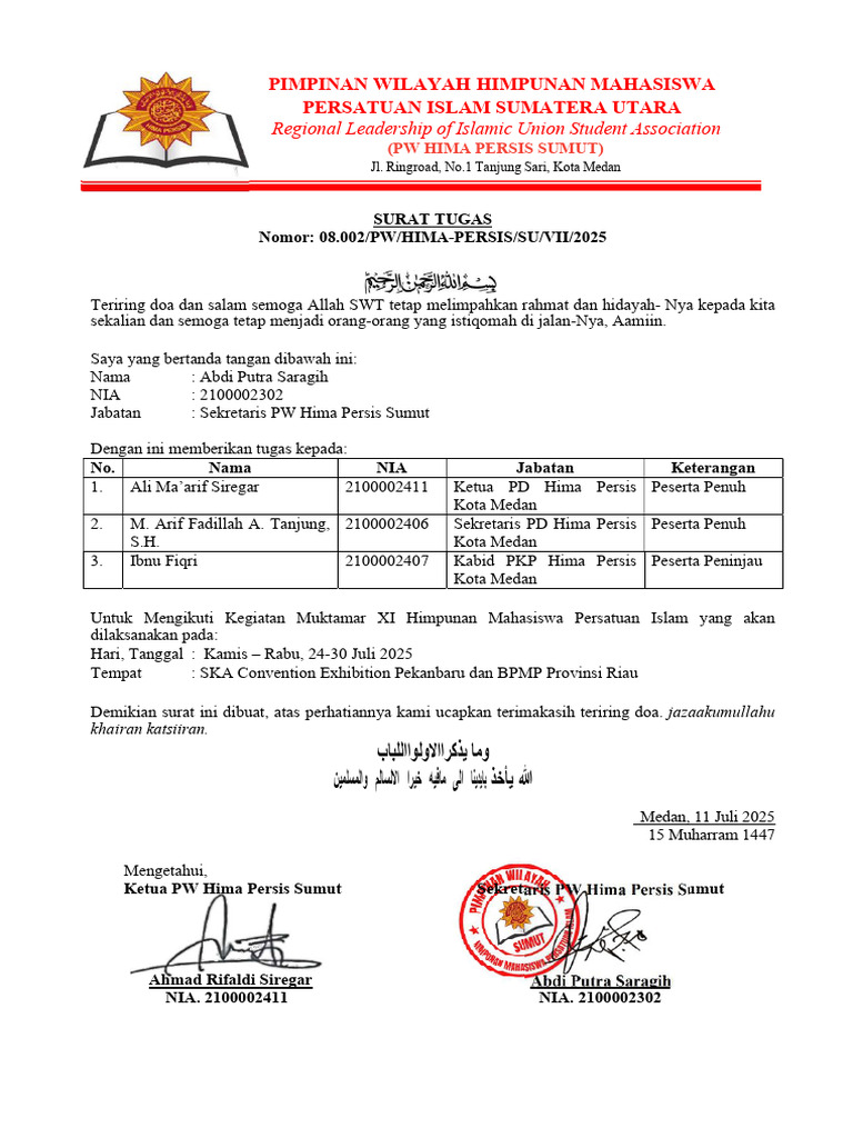 Surat Tugas Muktamar XI HIMA Persis | PDF