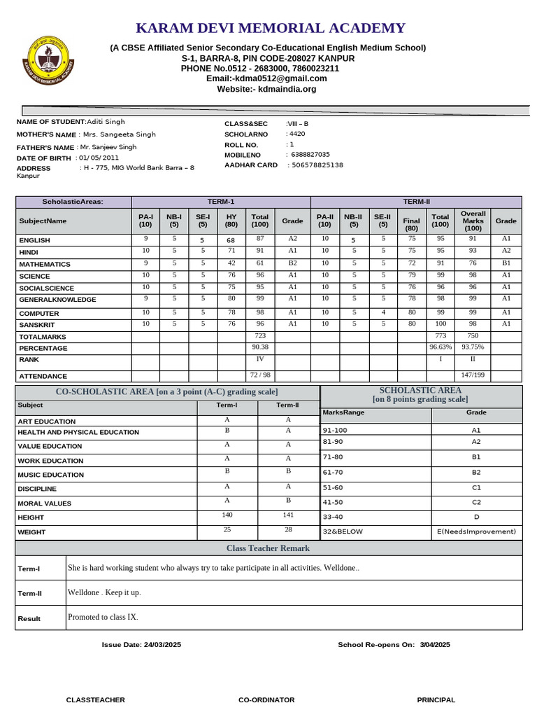 Class8-B Report Cards 2024-2025 (Filled) | PDF | Cognition | Learning