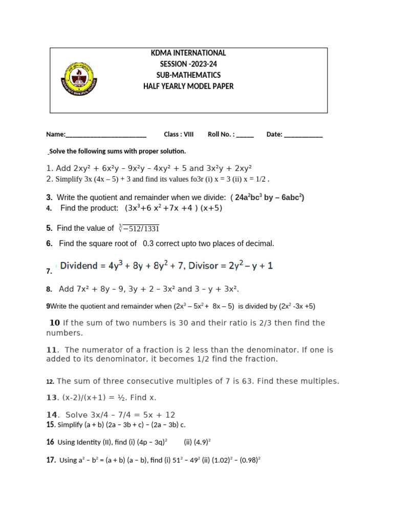 Class 8 Maths Hy Qp on 3 Sep | PDF